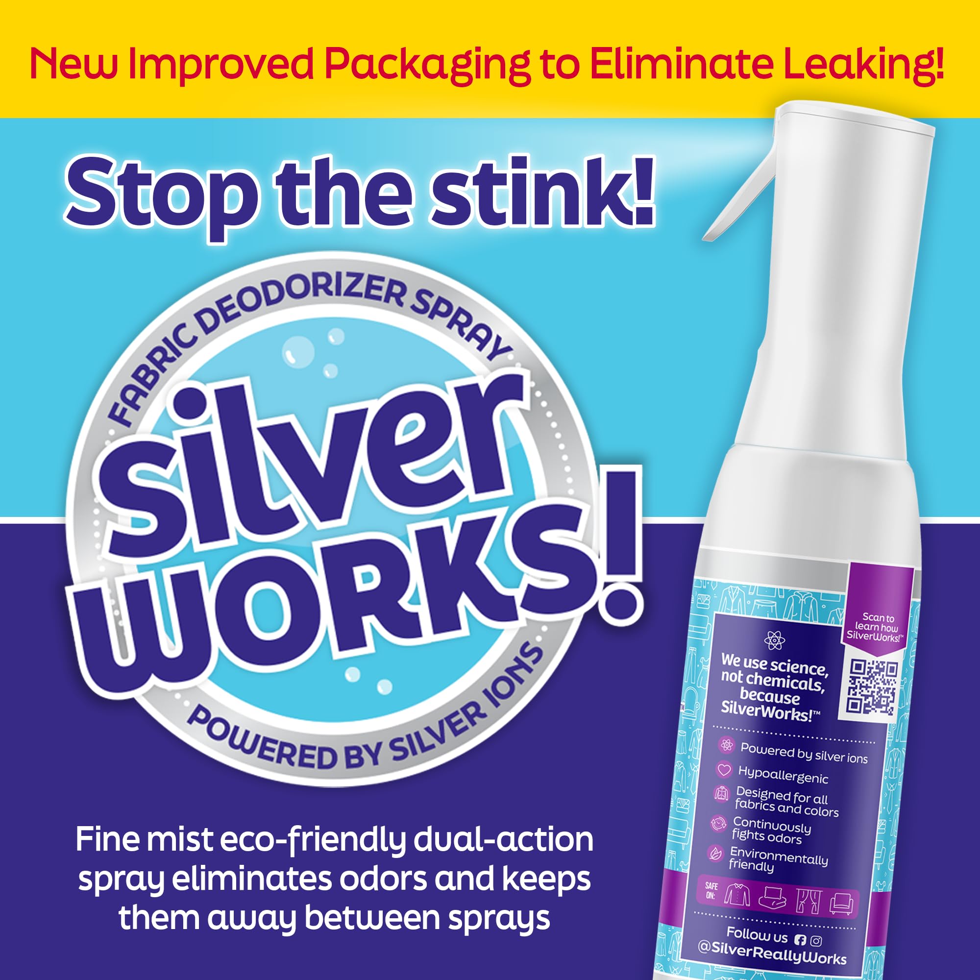 SilverWorks! Fabric Spray Odor Eliminator For Home - Silver Ion Room Deodorizer Strong Natural Furniture Couch Deodorizer, Remove Smells for Car, Pets, Clothes, Carpet, -16.9oz