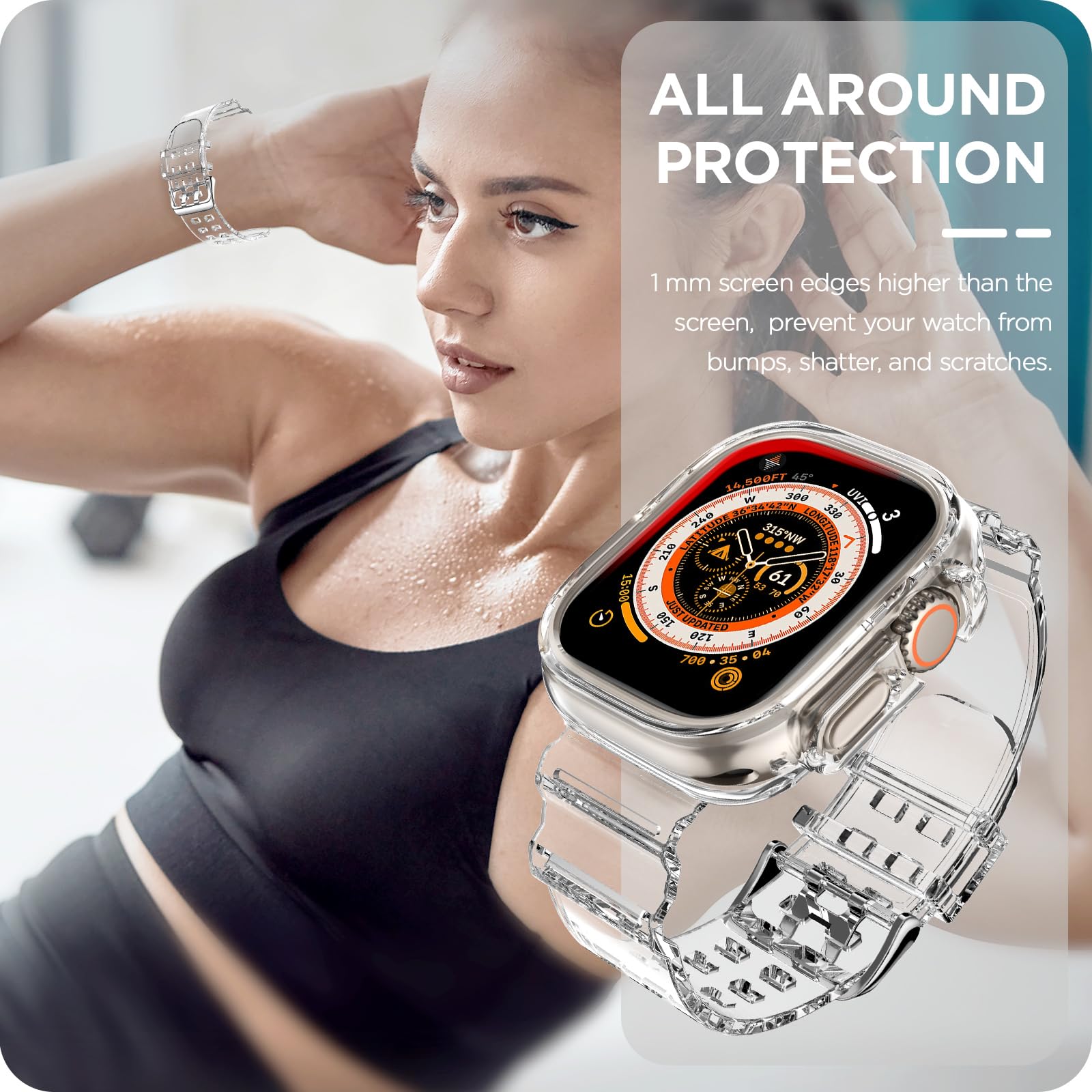 DABAOZA Compatible for Clear Apple Watch Band with Bumper Case 49mm, Women Men Glitter Bling TPU Sport Strap for iWatch SE Ultra Series 10 9 8 7 6 5 4 3 2 1(ClearCrysta,49)