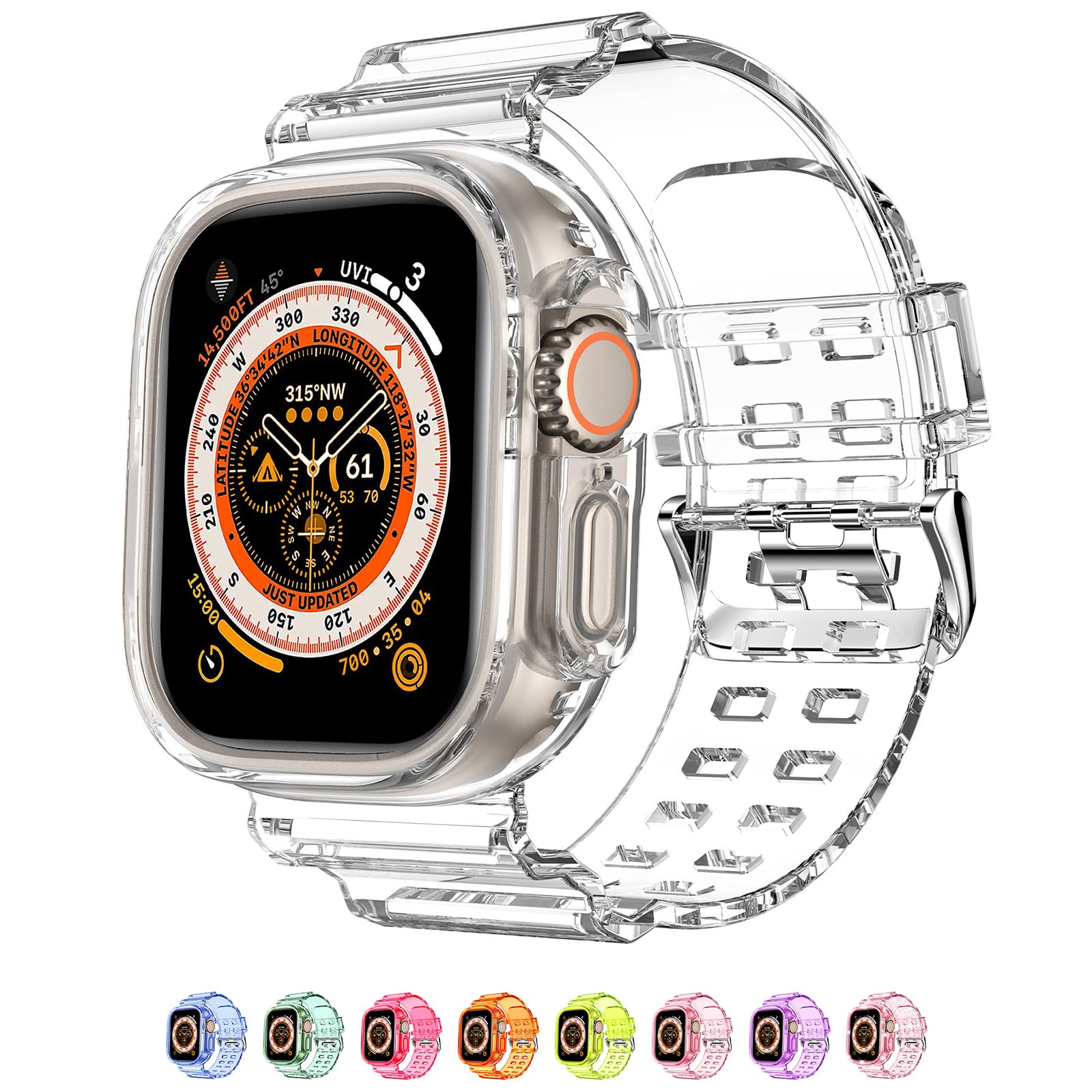 DABAOZA Compatible for Clear Apple Watch Band with Bumper Case 49mm, Women Men Glitter Bling TPU Sport Strap for iWatch SE Ultra Series 10 9 8 7 6 5 4 3 2 1ďźClearCrysta,49ďź