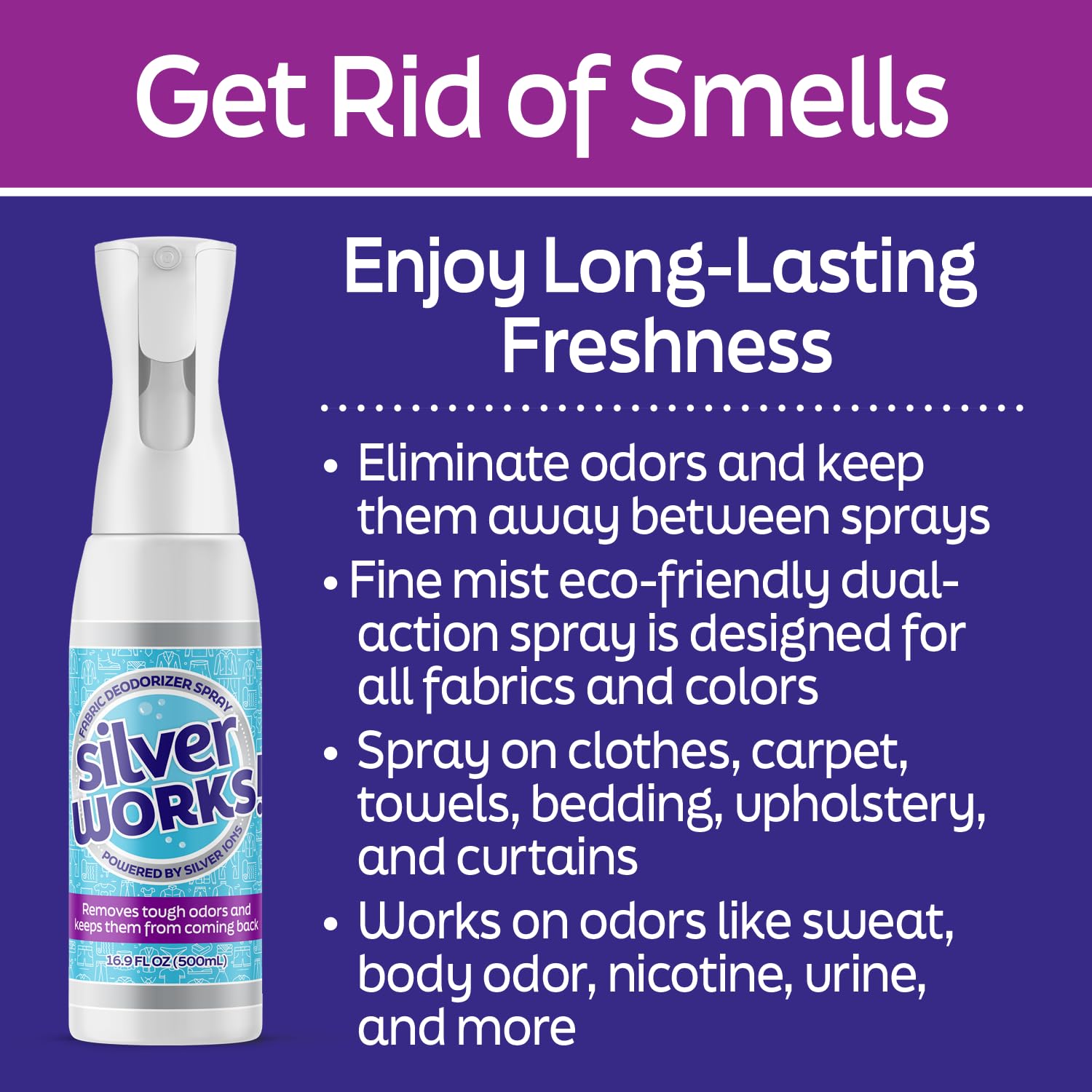 SilverWorks! Fabric Spray Odor Eliminator For Home - Silver Ion Room Deodorizer Strong Natural Furniture Couch Deodorizer, Remove Smells for Car, Pets, Clothes, Carpet, -16.9oz
