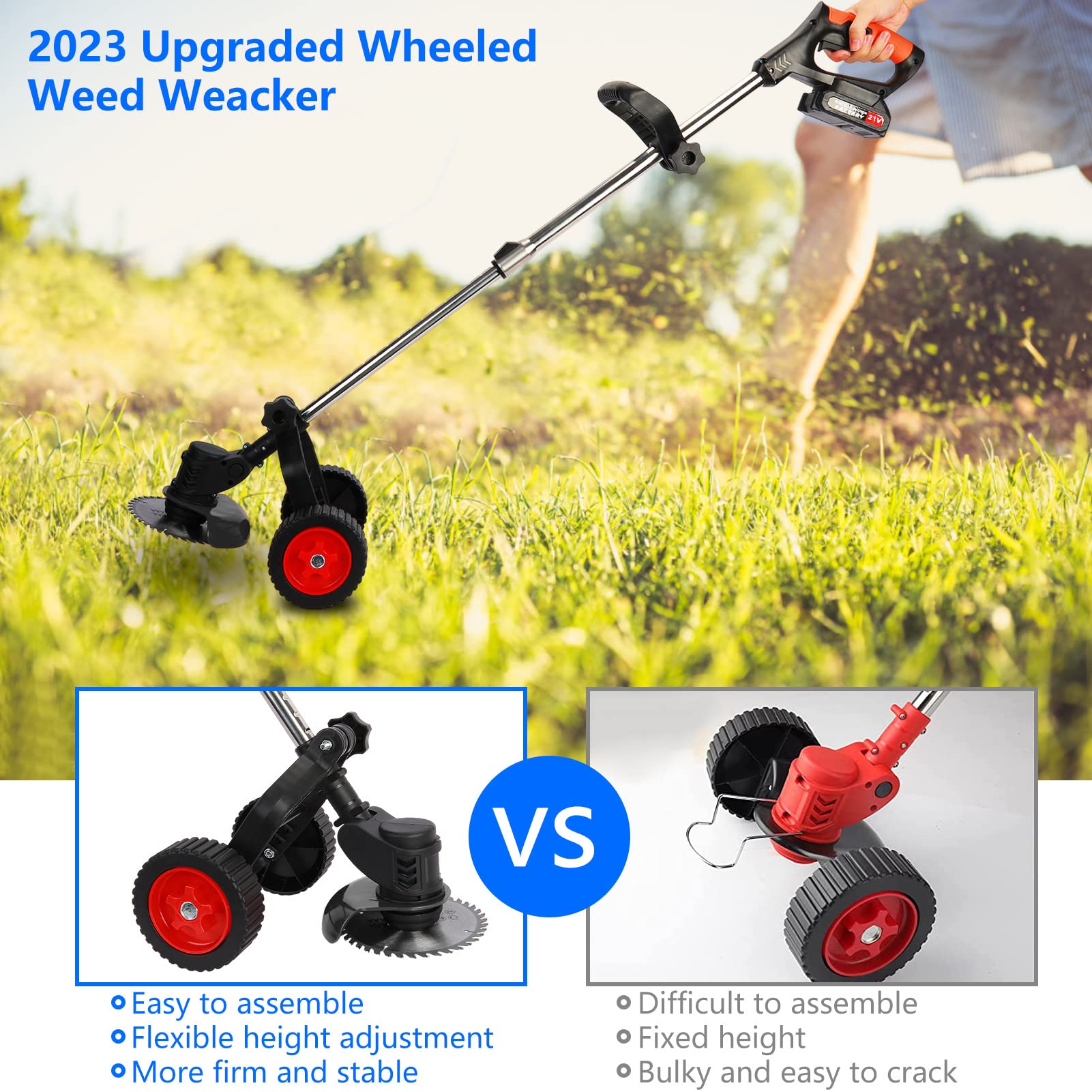 HEVIRGO Cordless String Trimmer & Edger, 21V 3 in 1 Electric Lawn Mower Weed Eater Cordless Electric Grass Trimmer Lawn Edger Brush Cutter for Yard and Garden, with 2.0Ah Batteries & Charger