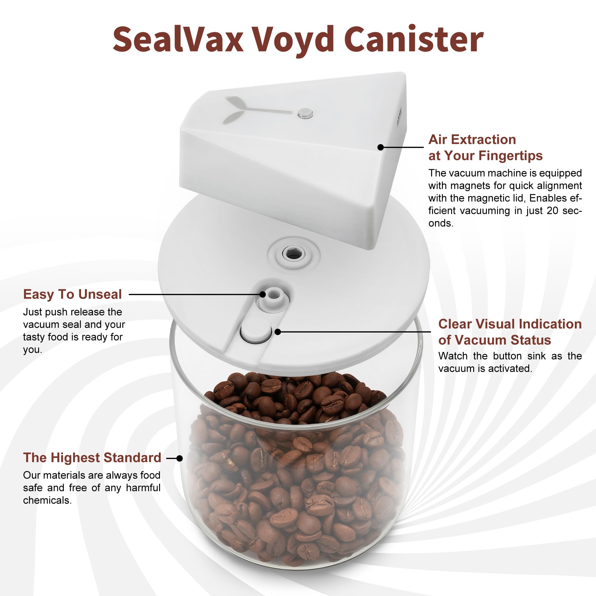 SealVax®Coffee Vacuum Canister- Vacuum Canister Coffee, Airtight Round Glass Storage Containers. Voyd vacuum canister, size large x 1 pcs + small x 1 pcs with vacuum sealer.