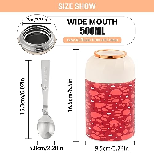CUPADA Cats Dogs Paw Print Food Jar for Hot and Cold, Insulated Food Jars Vacuum 17OZ with Folding Spoon for Work Trip Picnic Camping