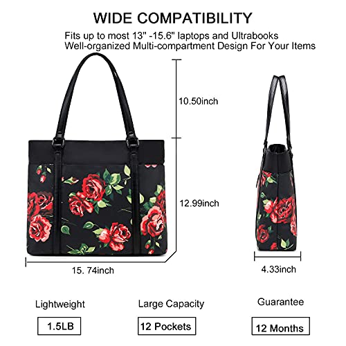 Laptop Tote Bag Womens Work Purse Floral Teacher Handbag Shoulder Bag fit 15.6 in laptop (Black - Rose)