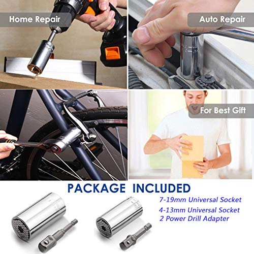 Stocking Stuffers Universal Socket-Multi-function Tools Socket Set,Power Drill Adapter, Steel Super Universal Socket Grip Gadgets for Men,Husband,Boyfriend 1/4- 3/4 (7mm-19mm) & 5/32"-1/2"(4mm-13mm)
