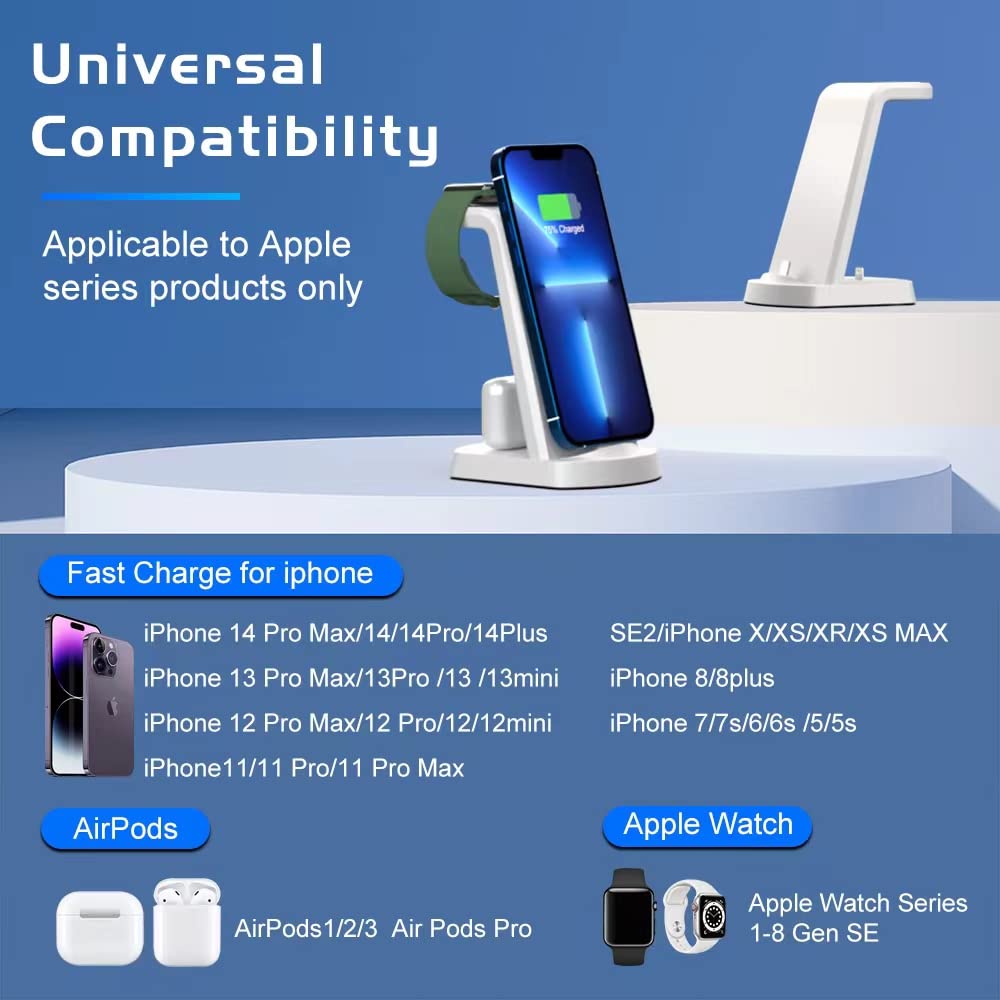 Charging-Station-for-iPhone 3-in-1-White-Wireless-Charger-Stand Charging-Dock for-Apple-Watch-Series-7 6 SE 5 4 3 2 & Airpods iPhone 14 13 12 11 Pro X Max XS XR 8 7 Plus 6s 6 with Adapter