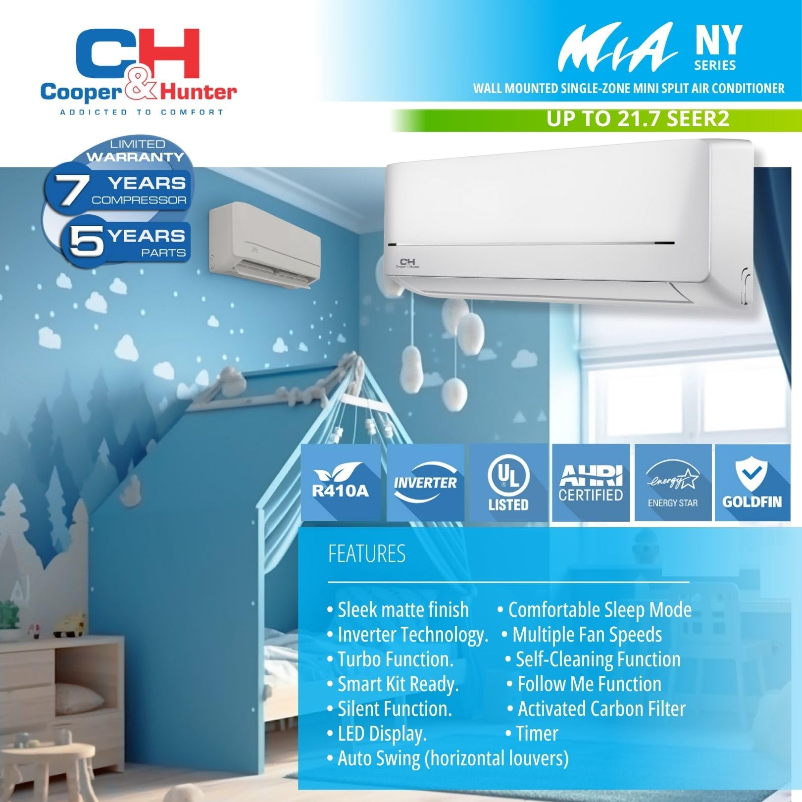 Cooper & Hunter MIA Series, Mini Split Air Conditioner and Heater, 6,000 BTU, 115V, 21.5 SEER2, Wall Mount Ductless Inverter Heat Pump System, Including 16ft Installation kit