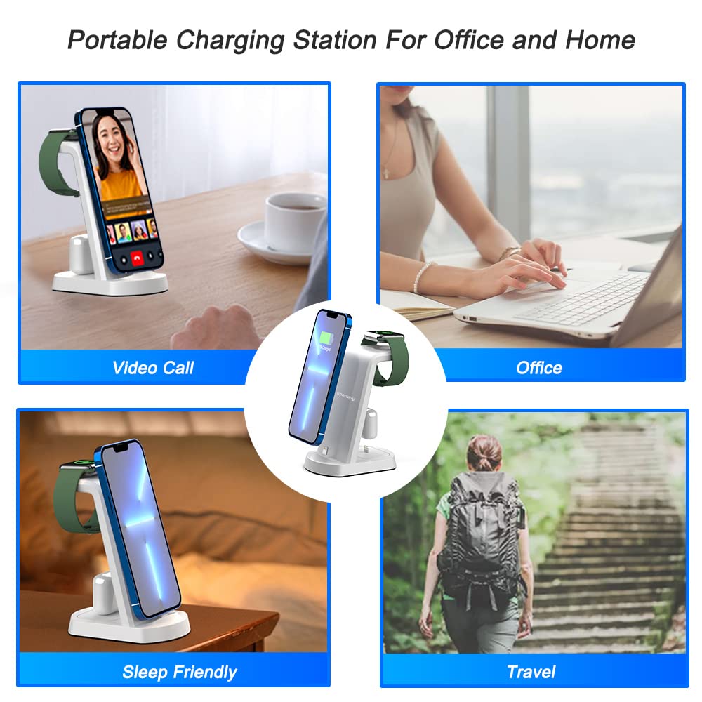 Charging-Station-for-iPhone 3-in-1-White-Wireless-Charger-Stand Charging-Dock for-Apple-Watch-Series-7 6 SE 5 4 3 2 & Airpods iPhone 14 13 12 11 Pro X Max XS XR 8 7 Plus 6s 6 with Adapter