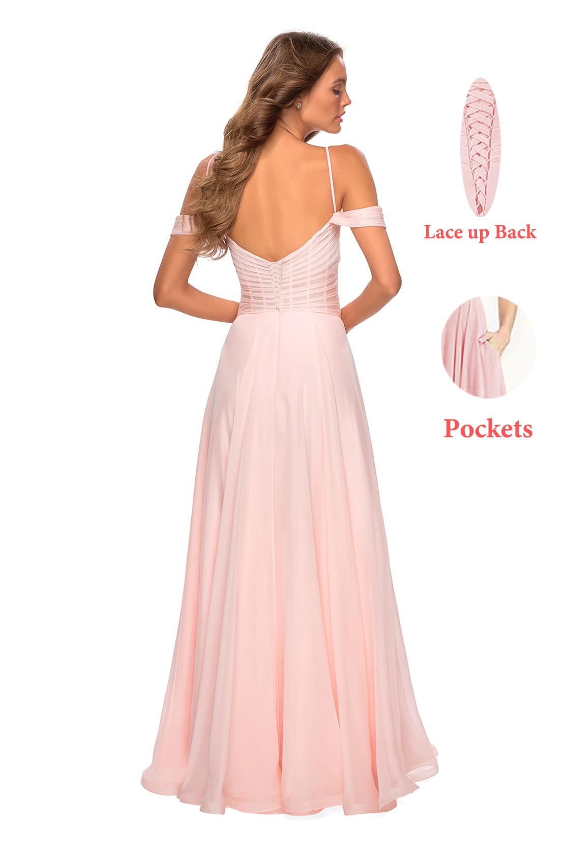Spaghetti Straps Bridesmaid Dresses Red Long Chiffon V Neck Formal Evening Dress with Pockets Size 14