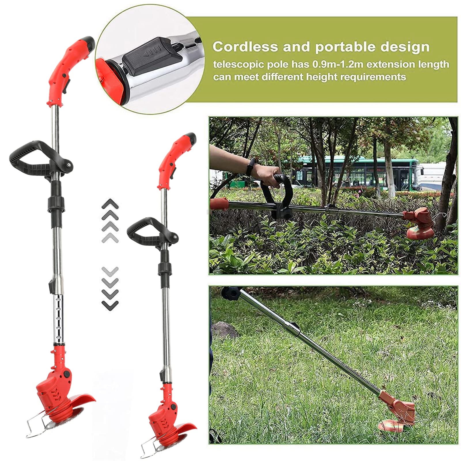 Electric Grass Trimmer, Powerful Motor Full Functional String Trimmer Cordless Weed Eater Telescopic Rod Multi-Purpose Lawn Mower 12V 2000mAh Battery 450W Brush Cutter for Garden (Red)