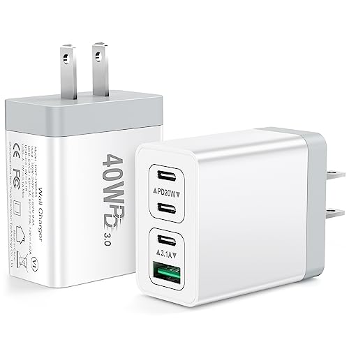 2Pack USB C Charger Block 40W Fast Charging PD+QC Power Adapter 4-Port USB Wall Charger Multiport Type C Wall Plug Work for iPhone 15 14 13 12 11 Pro Max XS XR X 8 7 6 SE, iPad, Pixel (White)