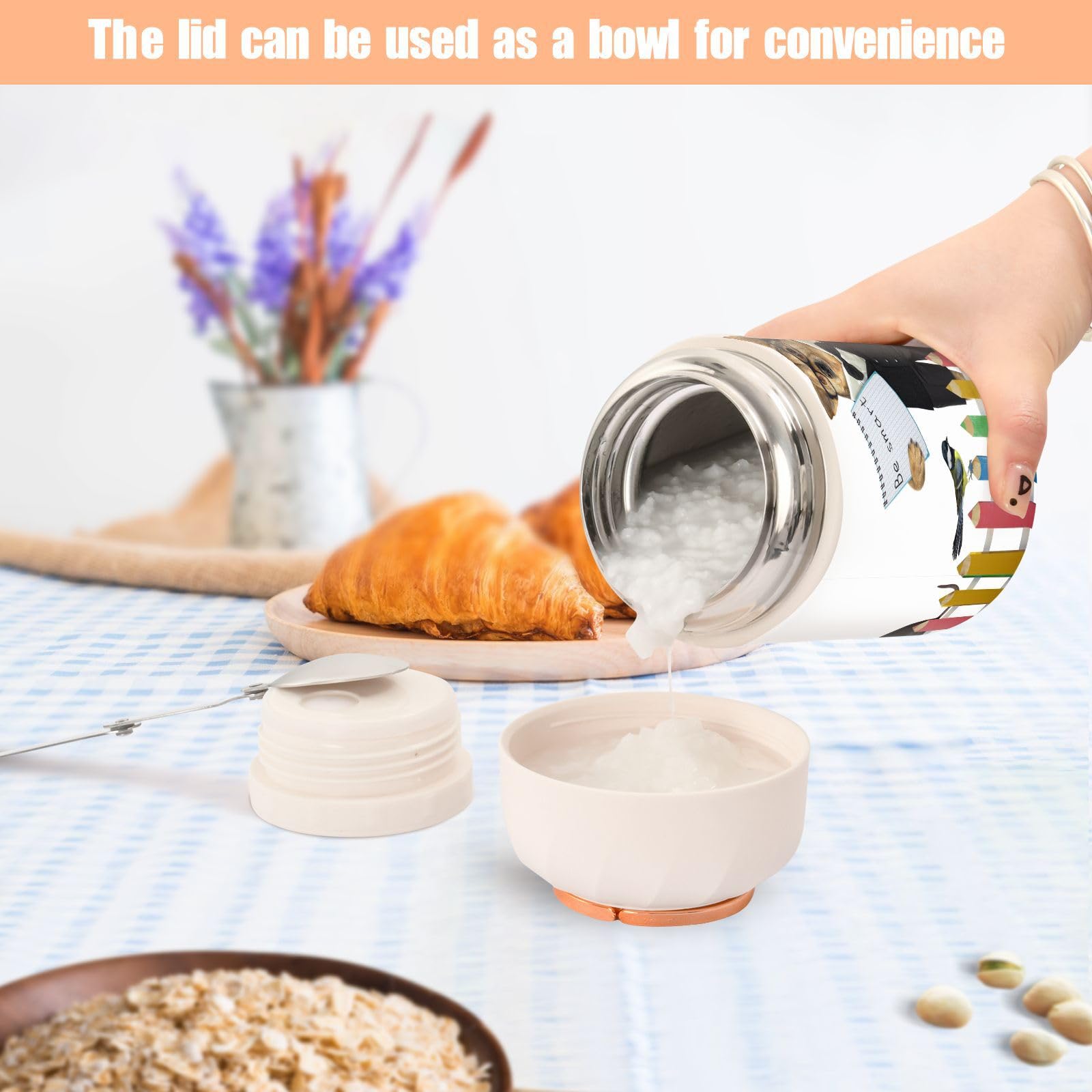 CUPADA Beige Pets Funny Food Jar, Back To Insulated Hot Food Jars Vacuum 17OZ with Folding Spoon for Work Trip Picnic Camping