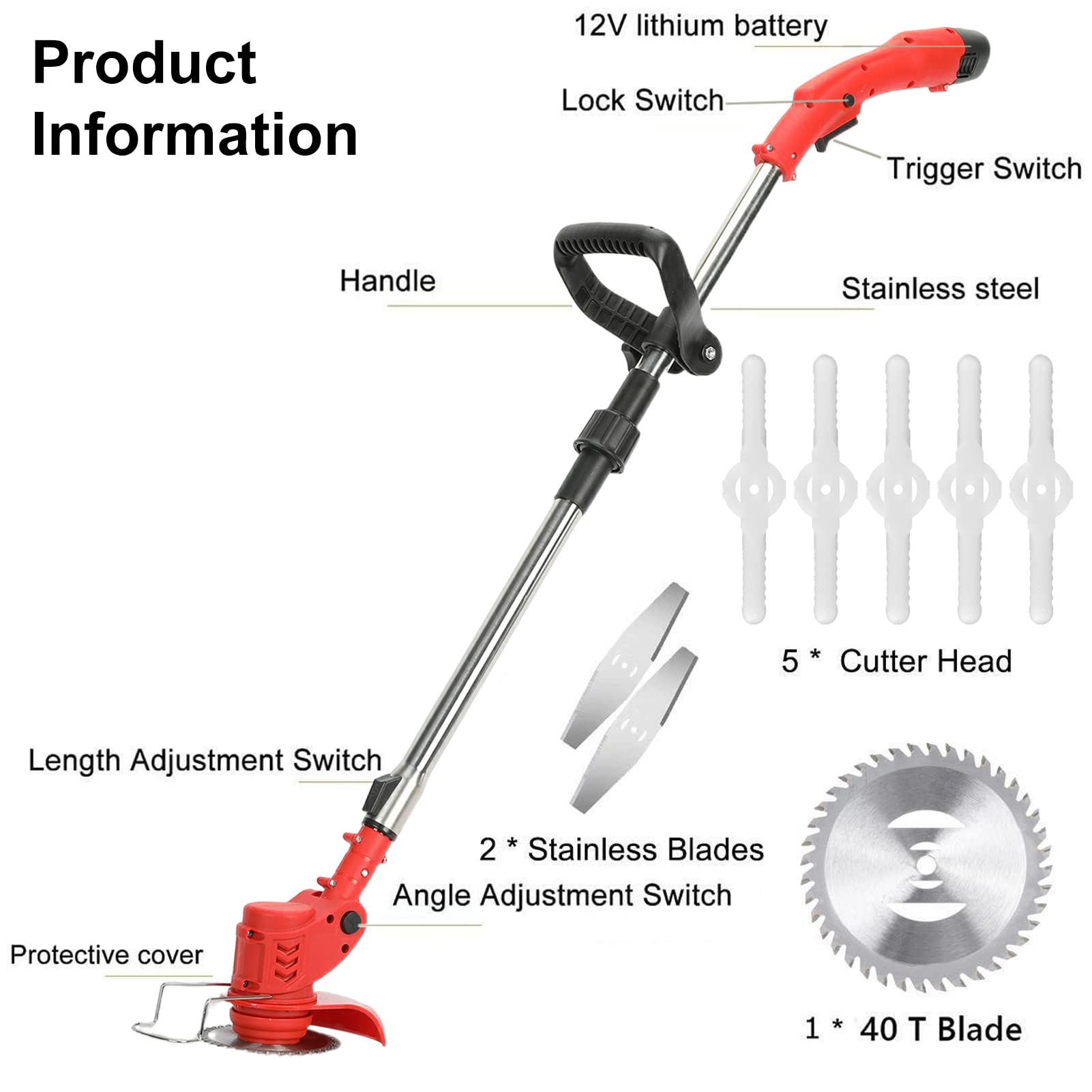 Electric Grass Trimmer, Powerful Motor Full Functional String Trimmer Cordless Weed Eater Telescopic Rod Multi-Purpose Lawn Mower 12V 2000mAh Battery 450W Brush Cutter for Garden (Red)
