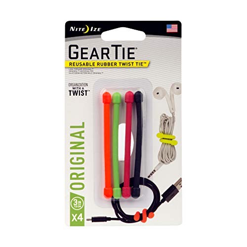 Nite Ize GT3-4PK-A1 Original Gear, Reusable Rubber Twist Tie, Made in The USA, 3-Inch, 3" - 4-Pack, Colors May Vary, 4 Count