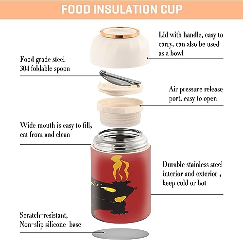 CUPADA Cat Scratch Surface Food Jar, Cute Cartoon Funny Insulated Hot Food Jars Vacuum 17OZ with Folding Spoon for Work Trip Picnic Camping
