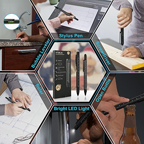 Tools for Men,Cool Gadgets,2 Pack 9 in 1 Multitool Pen Set with LED Light, Touchscreen Stylus, Ruler, Level, Bottle Opener,Flathead, and Ballpoint Pen(Black)