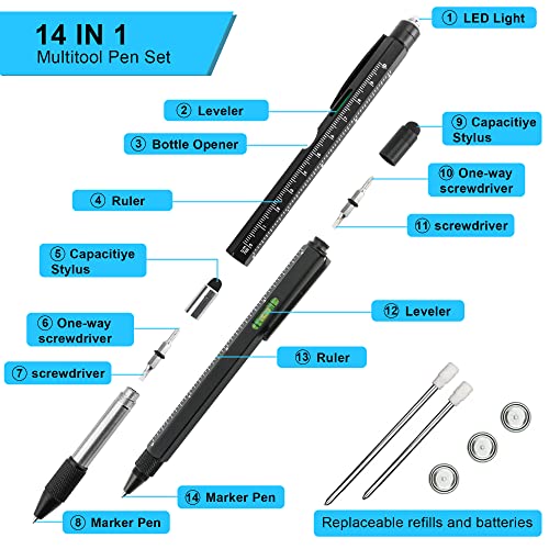 Tools for Men,Cool Gadgets,2 Pack 9 in 1 Multitool Pen Set with LED Light, Touchscreen Stylus, Ruler, Level, Bottle Opener,Flathead, and Ballpoint Pen(Black)