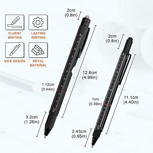 Tools for Men,Cool Gadgets,2 Pack 9 in 1 Multitool Pen Set with LED Light, Touchscreen Stylus, Ruler, Level, Bottle Opener,Flathead, and Ballpoint Pen(Black)