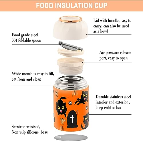 CUPADA Black Cat Footprints Food Jar, Kitten Cartoon Lovely Insulated Hot Food Jars Vacuum 17OZ with Folding Spoon for Work Trip Picnic Camping