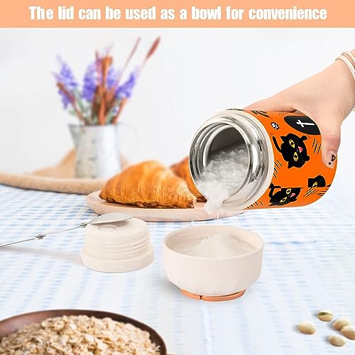 CUPADA Black Cat Footprints Food Jar, Kitten Cartoon Lovely Insulated Hot Food Jars Vacuum 17OZ with Folding Spoon for Work Trip Picnic Camping
