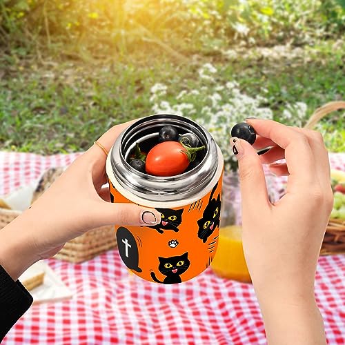 CUPADA Black Cat Footprints Food Jar, Kitten Cartoon Lovely Insulated Hot Food Jars Vacuum 17OZ with Folding Spoon for Work Trip Picnic Camping