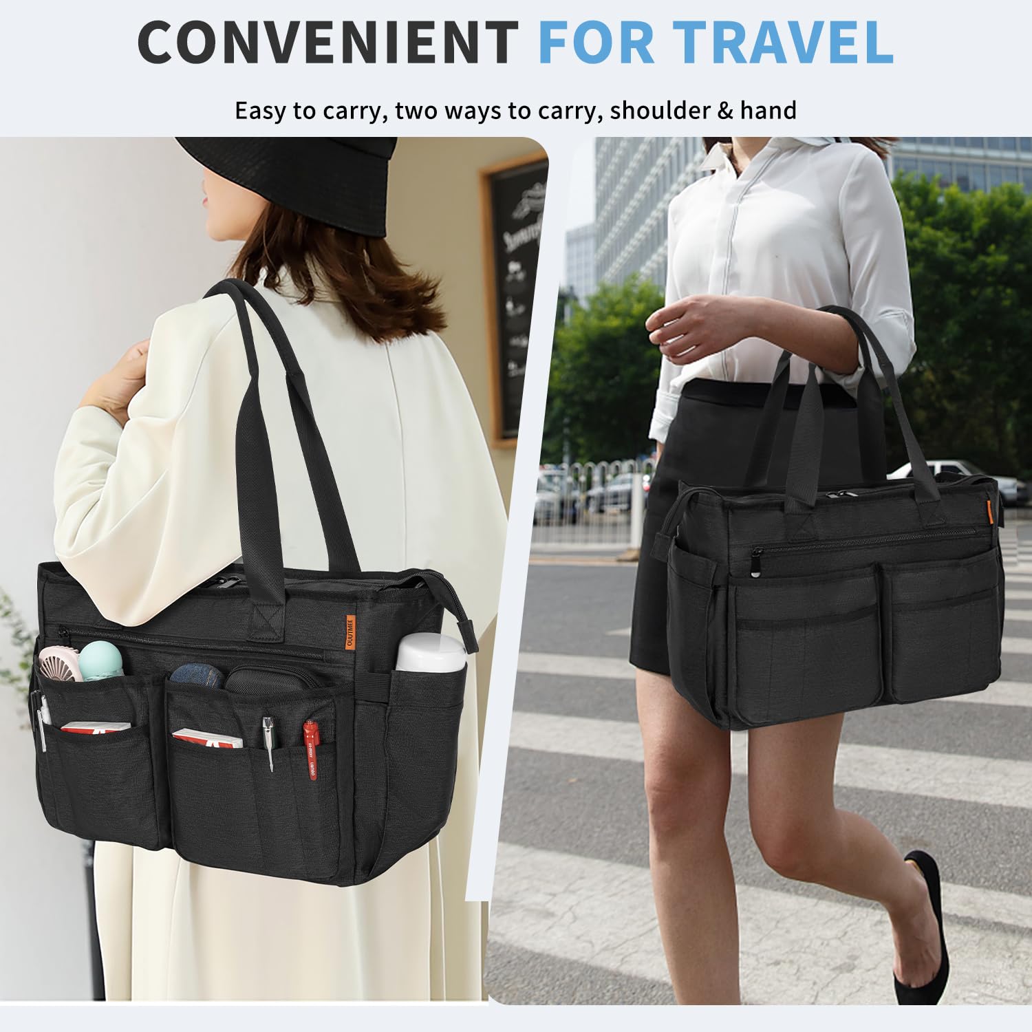 OUUTMEE Utility Tote Bag for Women, Multi Pockets Shoulder Bag with Zipper, Laptop Handbag for Teacher, Working Women, Nurses