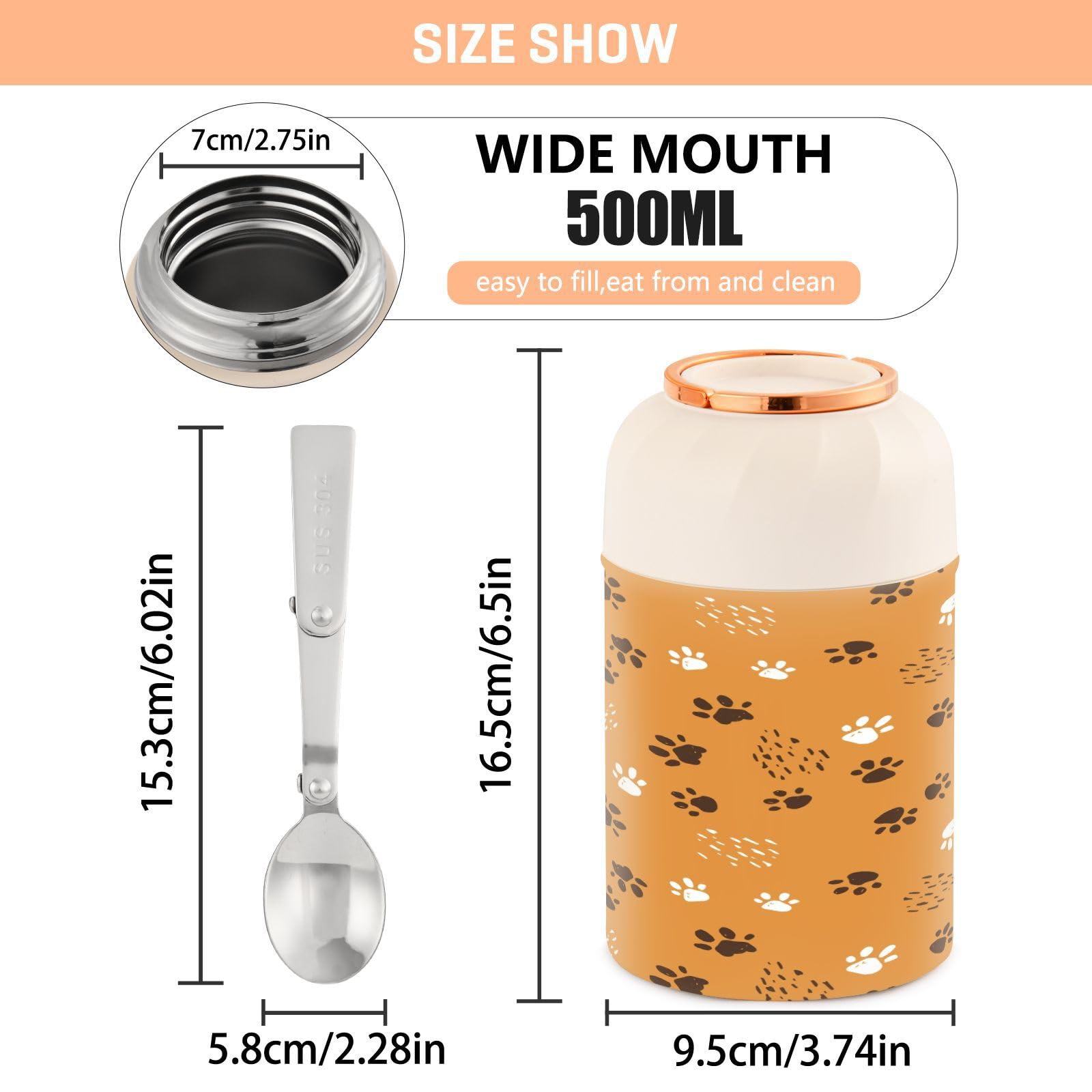 CUPADA Animal Paws Summer Food Jar for Hot and Cold, Footprint Yellow Insulated Food Jars Vacuum 17OZ with Folding Spoon for Work Trip Picnic Camping