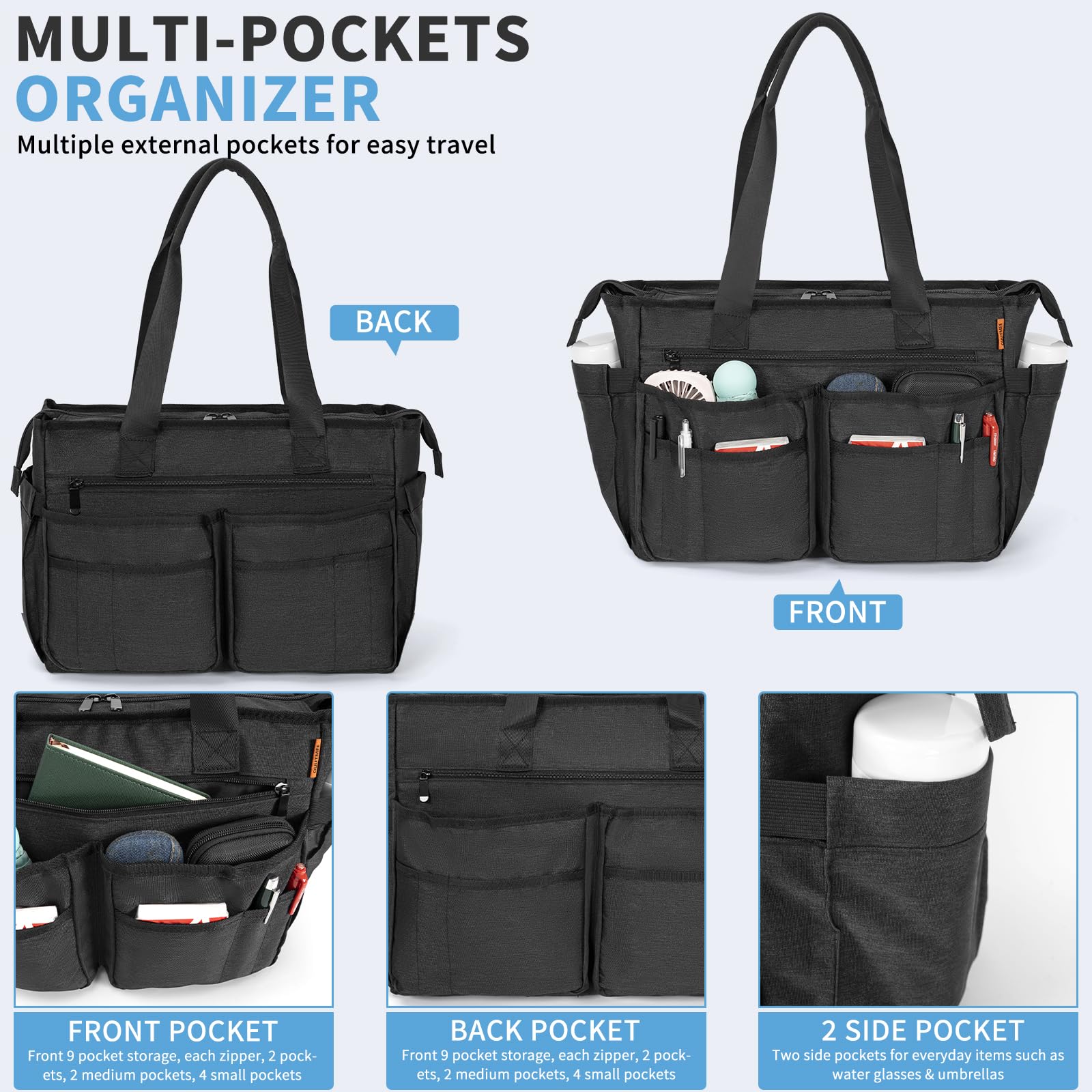 OUUTMEE Utility Tote Bag for Women, Multi Pockets Shoulder Bag with Zipper, Laptop Handbag for Teacher, Working Women, Nurses