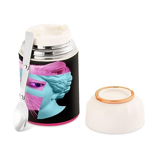 CUPADA Sculpture Cat Cool Food Jar, Art Design Insulated Hot Food Jars Vacuum 17OZ with Folding Spoon for Work Trip Picnic Camping