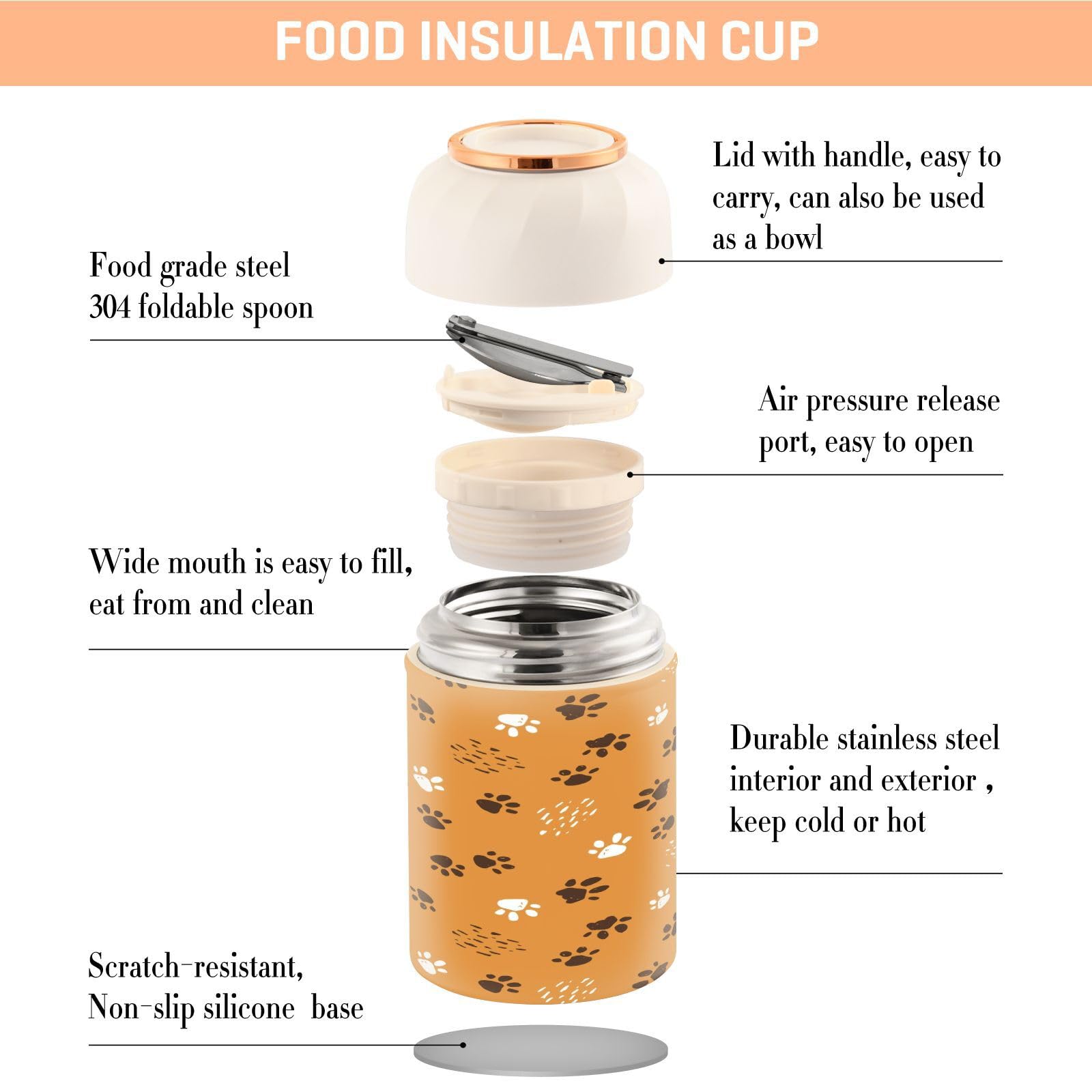 CUPADA Animal Paws Summer Food Jar for Hot and Cold, Footprint Yellow Insulated Food Jars Vacuum 17OZ with Folding Spoon for Work Trip Picnic Camping