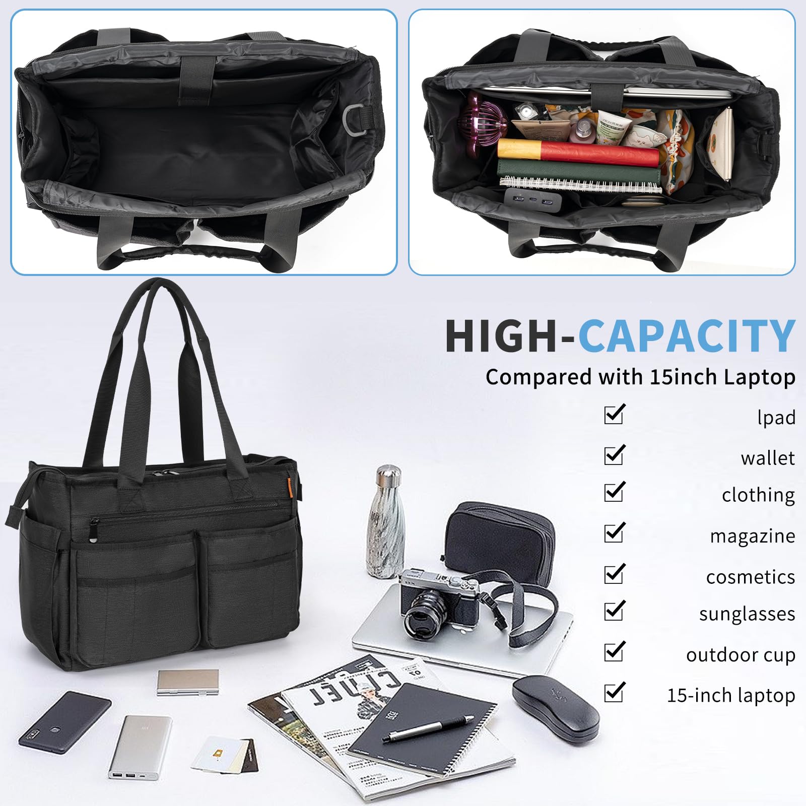 OUUTMEE Utility Tote Bag for Women, Multi Pockets Shoulder Bag with Zipper, Laptop Handbag for Teacher, Working Women, Nurses
