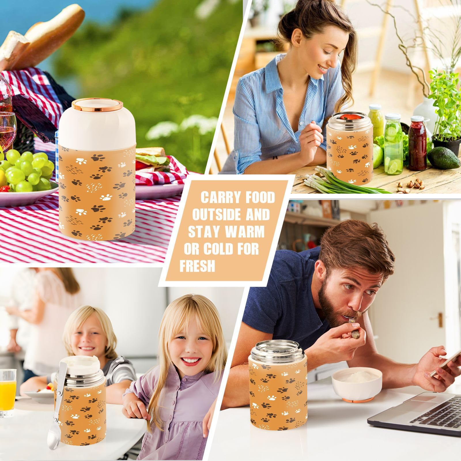 CUPADA Animal Paws Summer Food Jar for Hot and Cold, Footprint Yellow Insulated Food Jars Vacuum 17OZ with Folding Spoon for Work Trip Picnic Camping