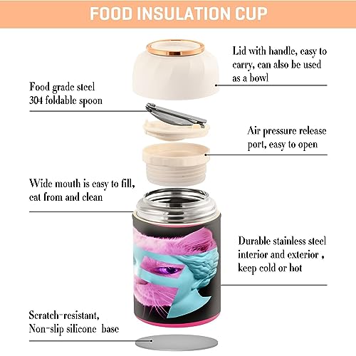 CUPADA Sculpture Cat Cool Food Jar, Art Design Insulated Hot Food Jars Vacuum 17OZ with Folding Spoon for Work Trip Picnic Camping