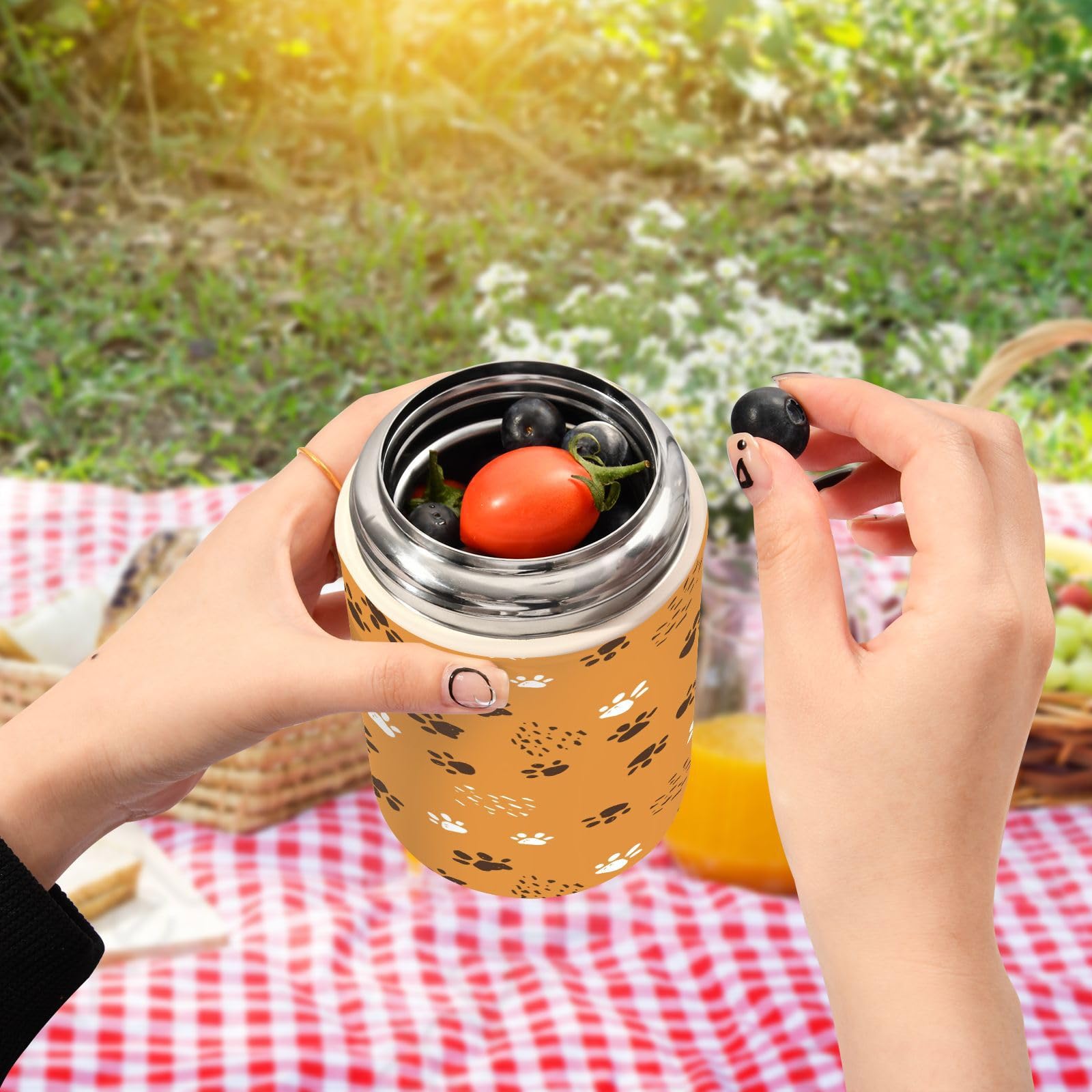 CUPADA Animal Paws Summer Food Jar for Hot and Cold, Footprint Yellow Insulated Food Jars Vacuum 17OZ with Folding Spoon for Work Trip Picnic Camping