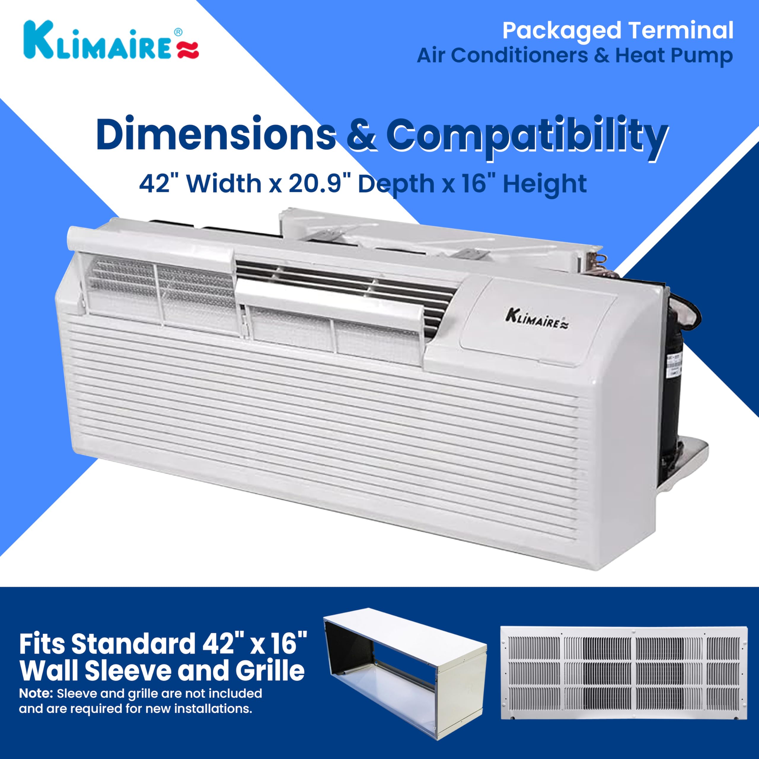 Klimaire PTAC 12,000 BTU Air Conditioner Heat Pump R-32 with Remote Control & 3.5 kW Electric Heater -230V