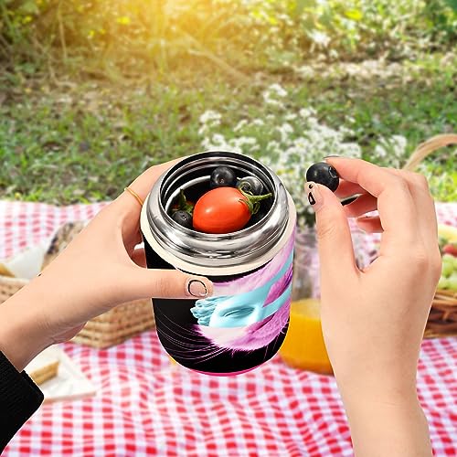 CUPADA Sculpture Cat Cool Food Jar, Art Design Insulated Hot Food Jars Vacuum 17OZ with Folding Spoon for Work Trip Picnic Camping