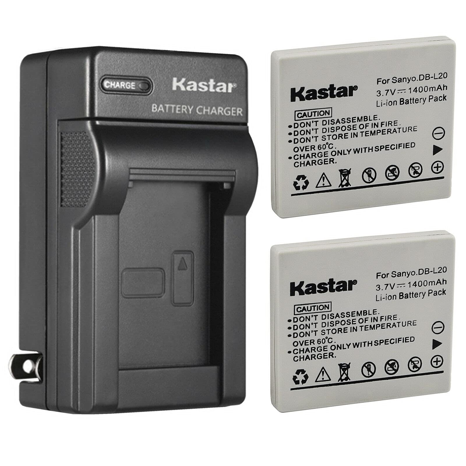 Kastar 2-Pack Battery and AC Wall Charger Replacement for Sanyo DB-L20 DB-L20A DB-L20AU SL20 Battery, Sanyo VAR-L20N VAR-L20NI Charger, Sanyo Xacti VPC-J4 VPC-J4EX, Xacti VPC-S7 Camera