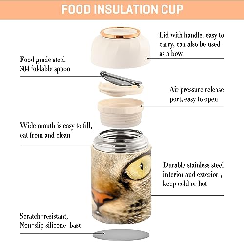CUPADA Siberian Cat Funny Food Jar, Kitten Face Cute Insulated Hot Food Jars Vacuum 17OZ with Folding Spoon for Work Trip Picnic Camping