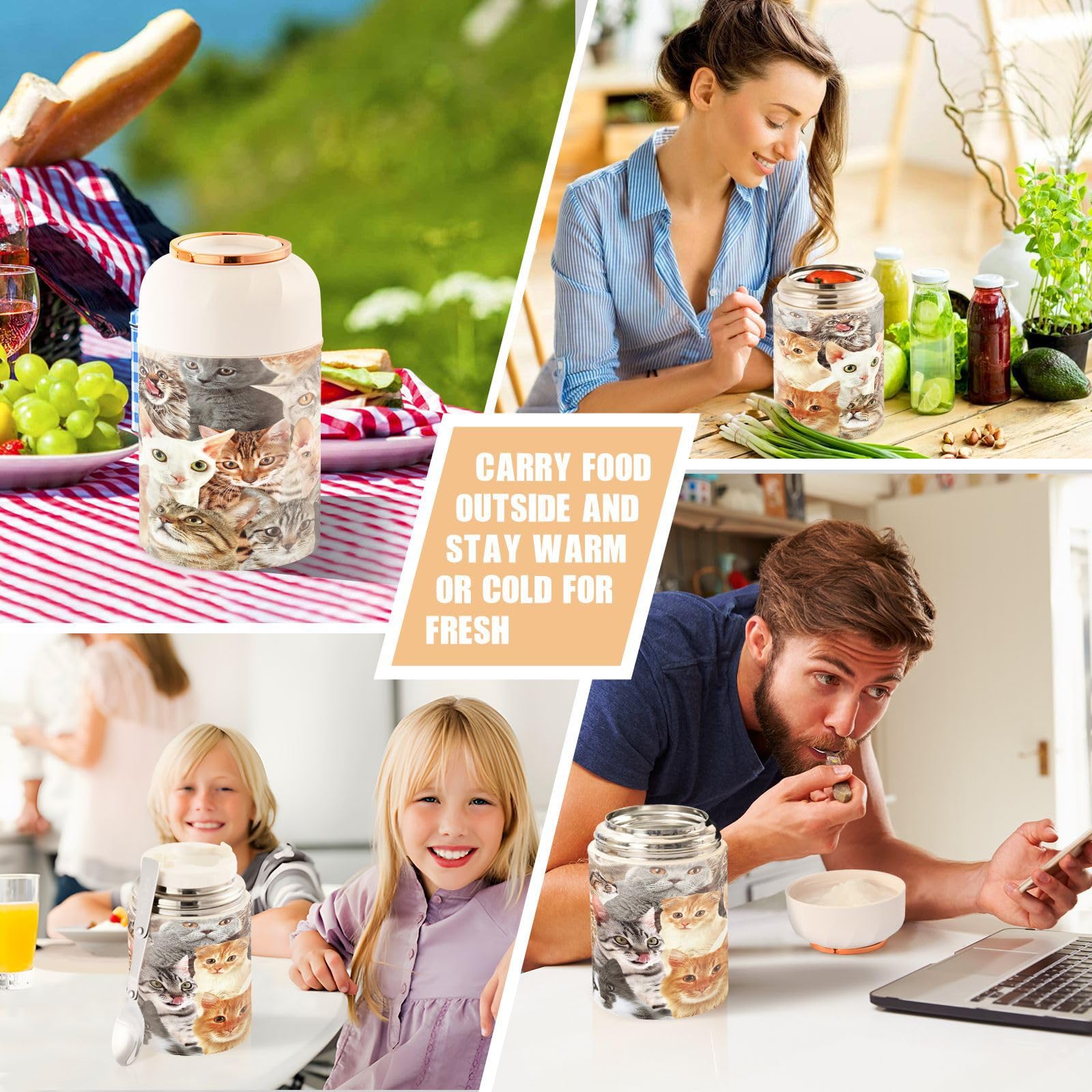 CUPADA Cat Cute Colorful Food Jar, Summer Pets Lovely Insulated Hot Food Jars Vacuum 17OZ with Folding Spoon for Work Trip Picnic Camping