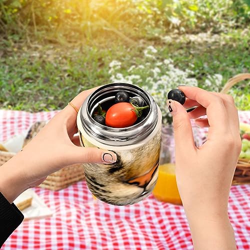 CUPADA Siberian Cat Funny Food Jar, Kitten Face Cute Insulated Hot Food Jars Vacuum 17OZ with Folding Spoon for Work Trip Picnic Camping