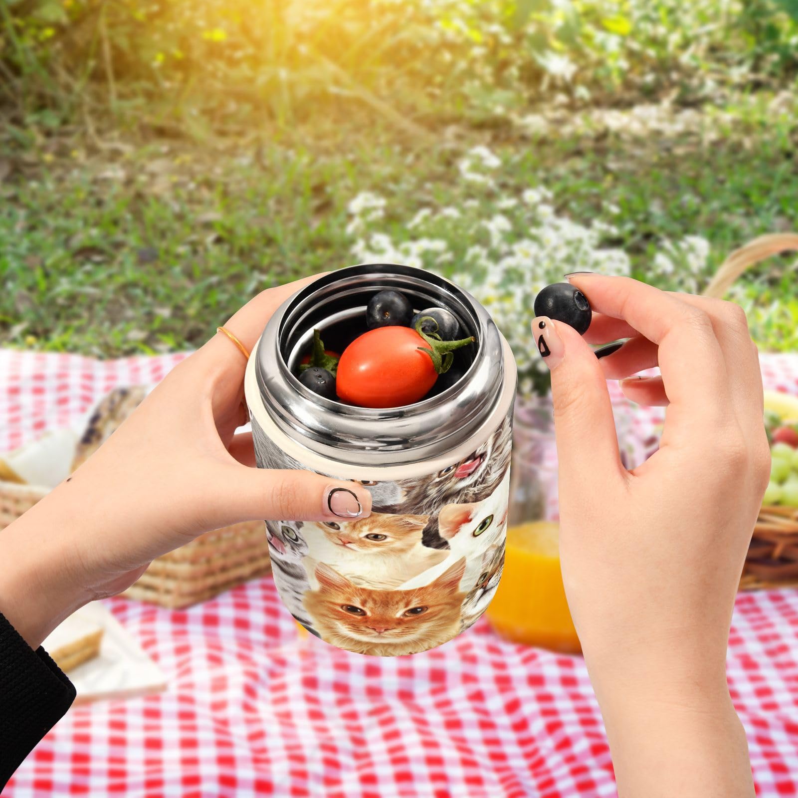 CUPADA Cat Cute Colorful Food Jar, Summer Pets Lovely Insulated Hot Food Jars Vacuum 17OZ with Folding Spoon for Work Trip Picnic Camping