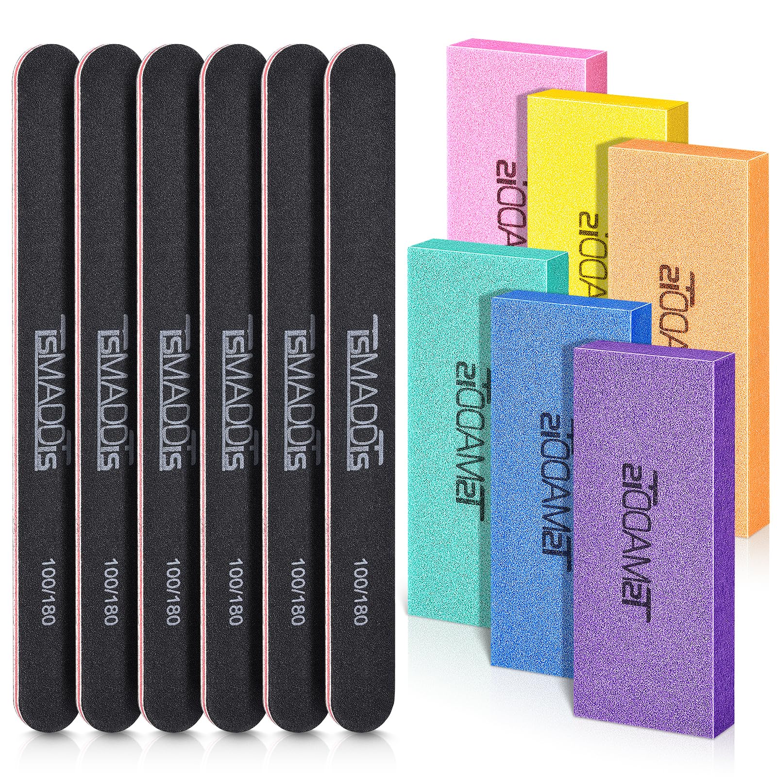 TsMADDTs Nail Files and Buffers Set with 6PCS Rectangular Buffers and 6PCS Black 100 180 Grit Files, Professional Nail Care Tools Kit for Women and Girls
