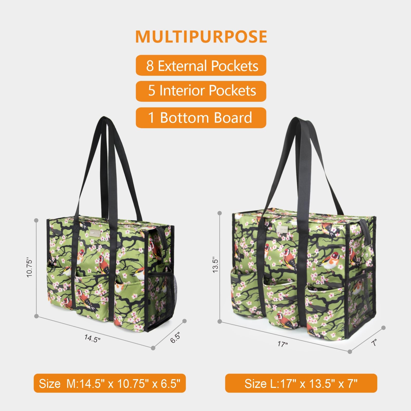 TOPDesign Utility Water Resistant Tote Bag with 13 Exterior & Interior Pockets, Top Zipper Closure & Thick Bottom Support, for Working Women, Teachers, Nurses, Accountants (Bird)