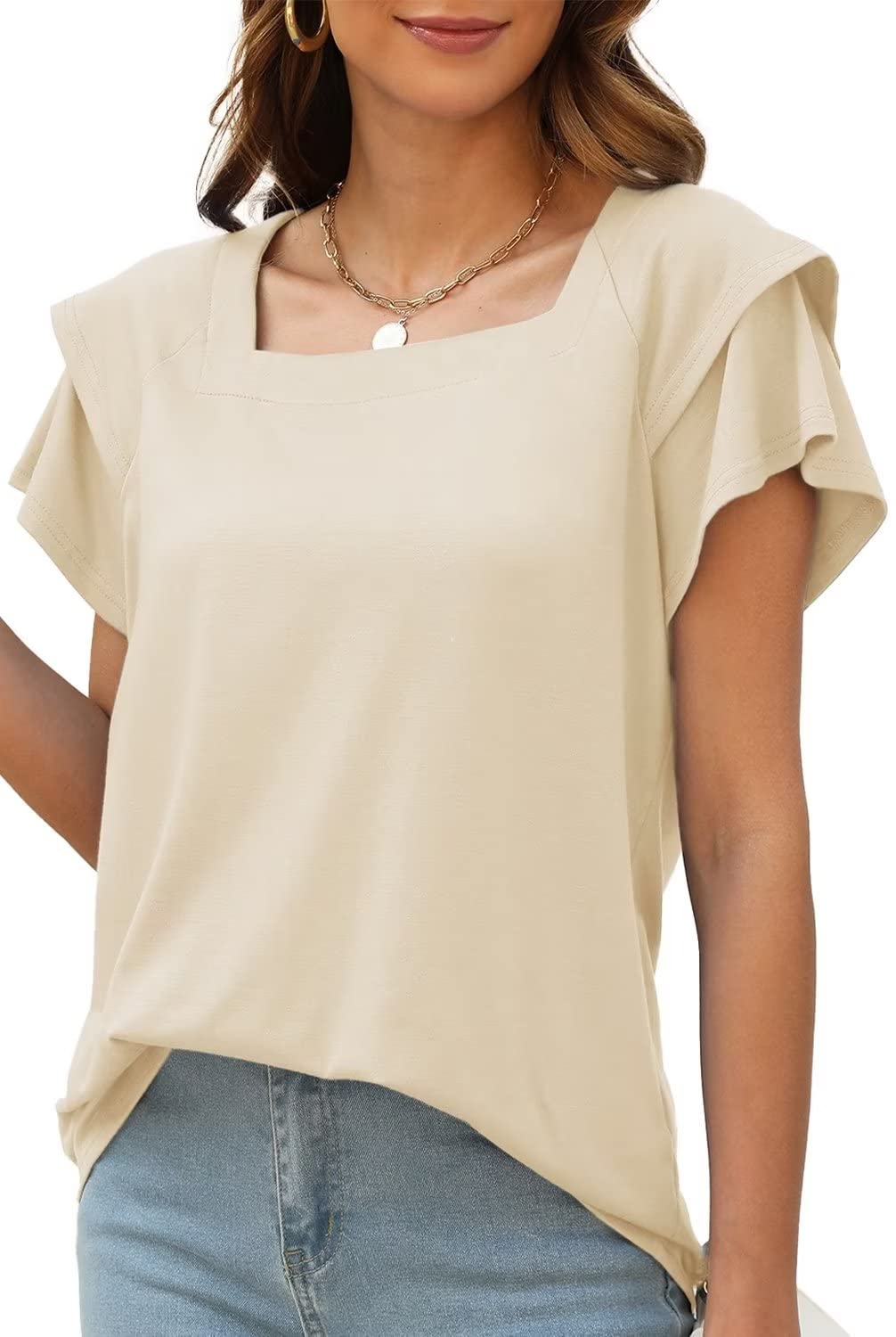 Esayendder Womens Summer Tops 2023 Ruffle Short Sleeve Shirts Square Neck Casual T Shirts Apricot