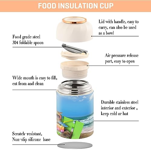 CUPADA Beach Cat Unicorn Food Jar, Tropical Palm Tree Insulated Hot Food Jars Vacuum 17OZ with Folding Spoon for Work Trip Picnic Camping
