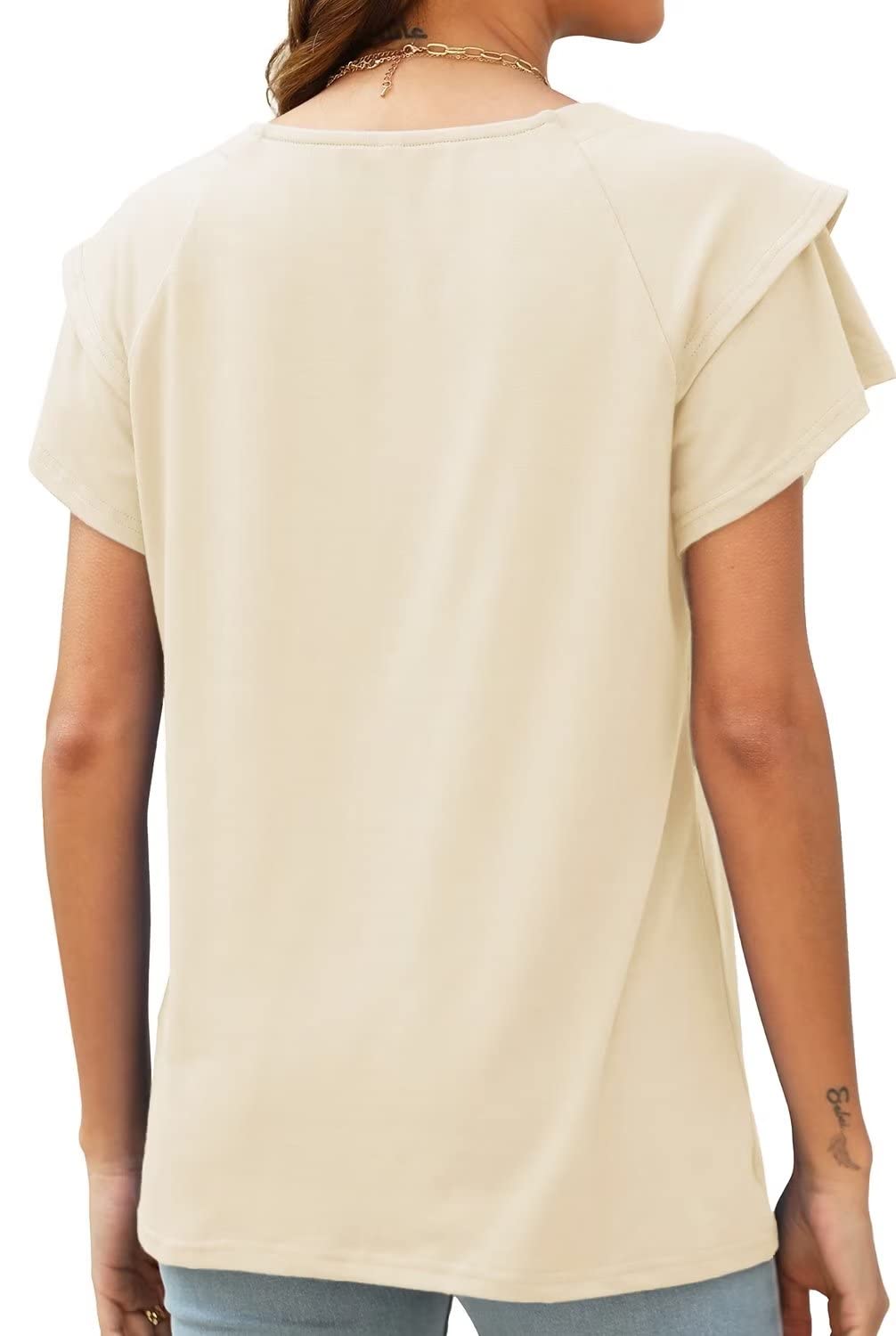Esayendder Womens Summer Tops 2023 Ruffle Short Sleeve Shirts Square Neck Casual T Shirts Apricot