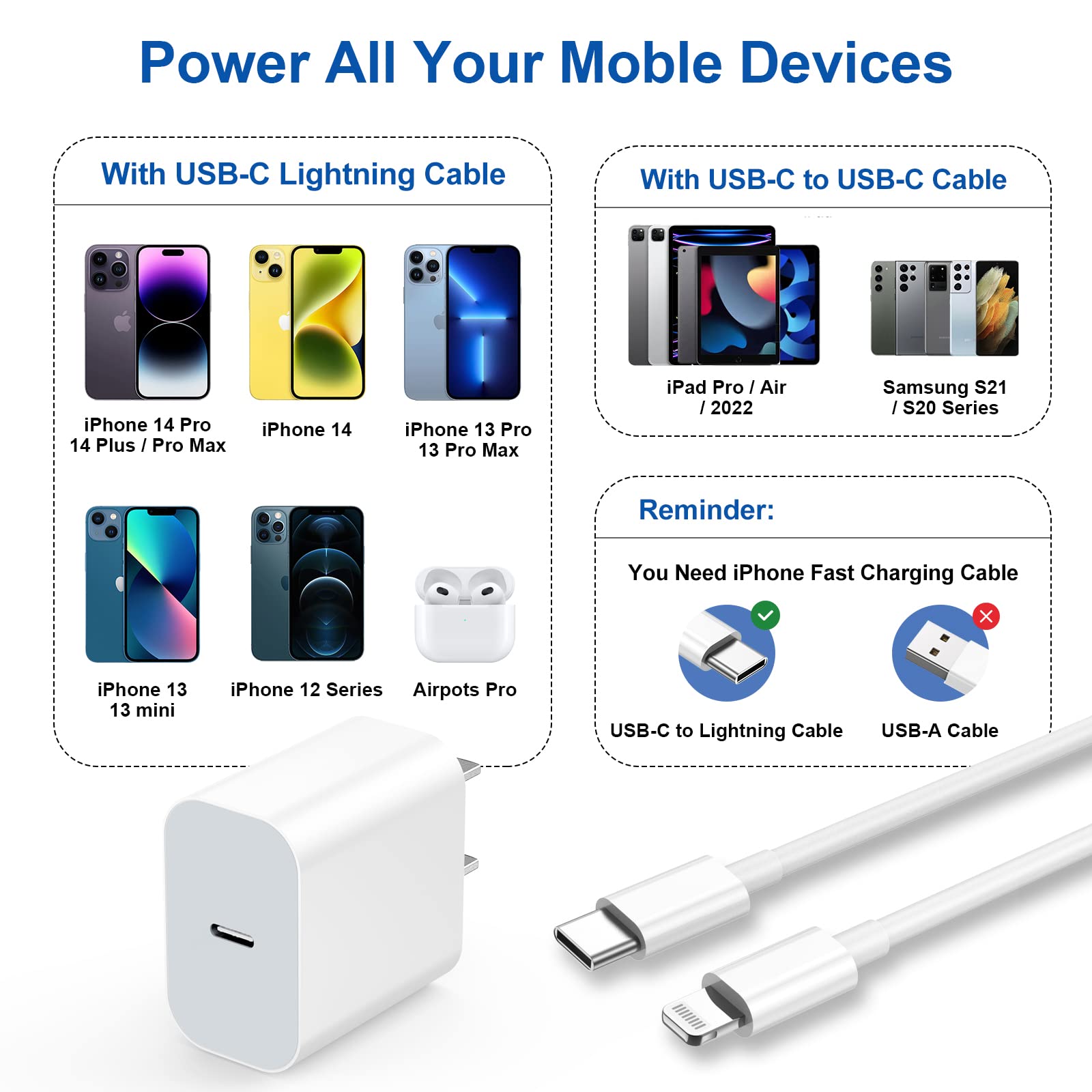 RPQ iPhone Fast Charger 2- Pack USB C Power Adapter with 10ft Long C to Lightning Cable 【 MFI Certified 】 with Fast Charging Capability for iPhone14/13/12/11/X/Xr/Pro max/Plu (White)