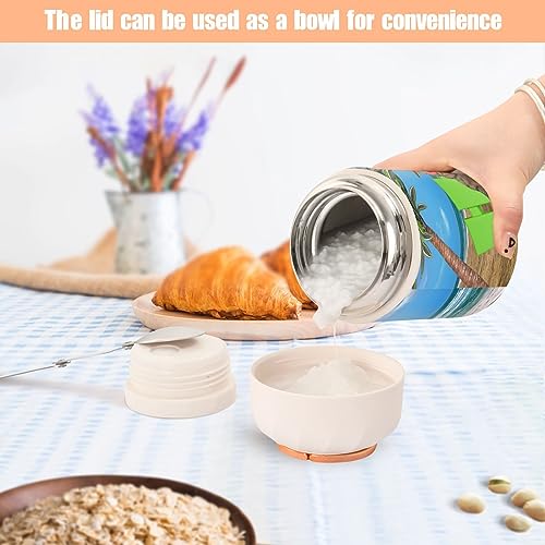 CUPADA Beach Cat Unicorn Food Jar, Tropical Palm Tree Insulated Hot Food Jars Vacuum 17OZ with Folding Spoon for Work Trip Picnic Camping