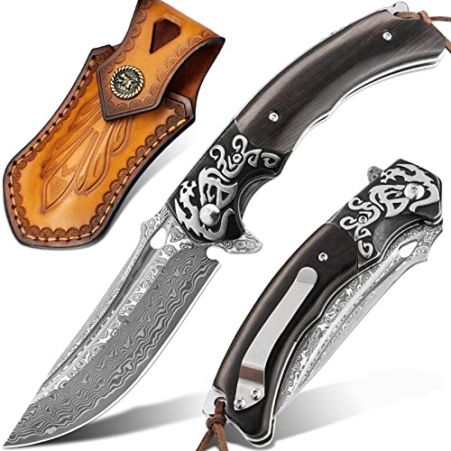 LOTHAR Damascus Pocket Knife for Men, Handmade Forged VG10 Damascus Folding Knife with Clip and Retro Leather Sheath, Men Gifts for Birthday, Anniversaries, Christmas Stocking Stuffers for Men (Black Sandalwood)