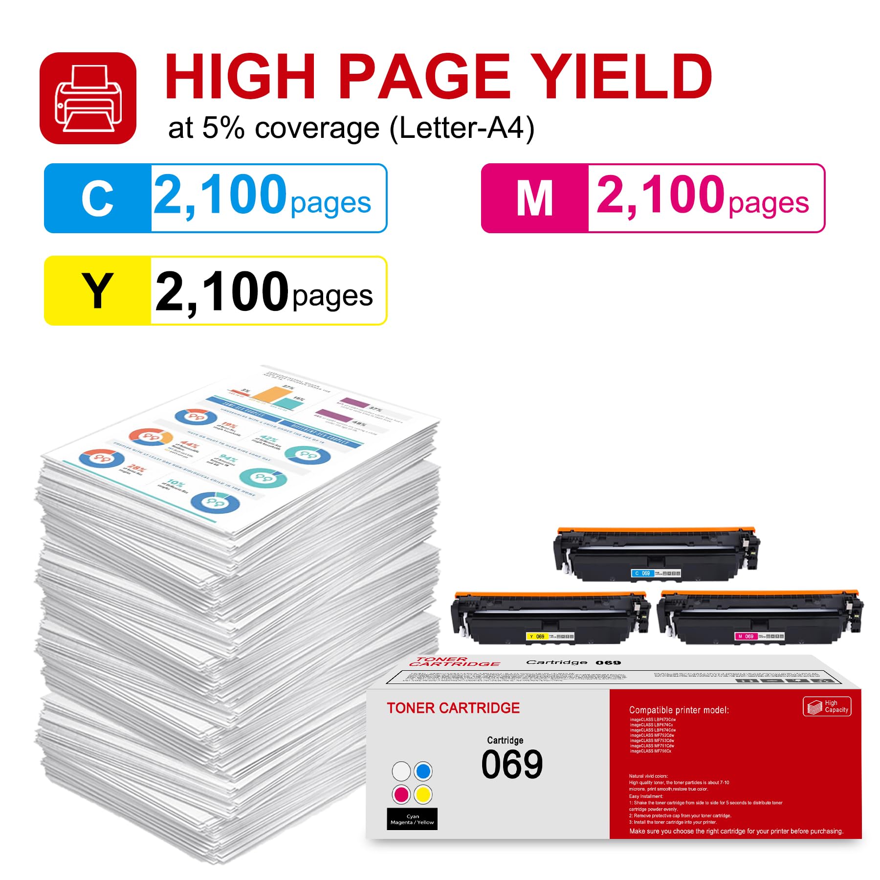 3 Pack 069 C/M/Y Toner Cartridge Compatible 5093C001 5091C001 5092C001 Toner Cartridge Replacement for Canon imageCLASS LBP673Cdw LBP674Cx LBP674Cdw MF752Cdw MF753Cdw MF751Cdw MF756Cx Printer